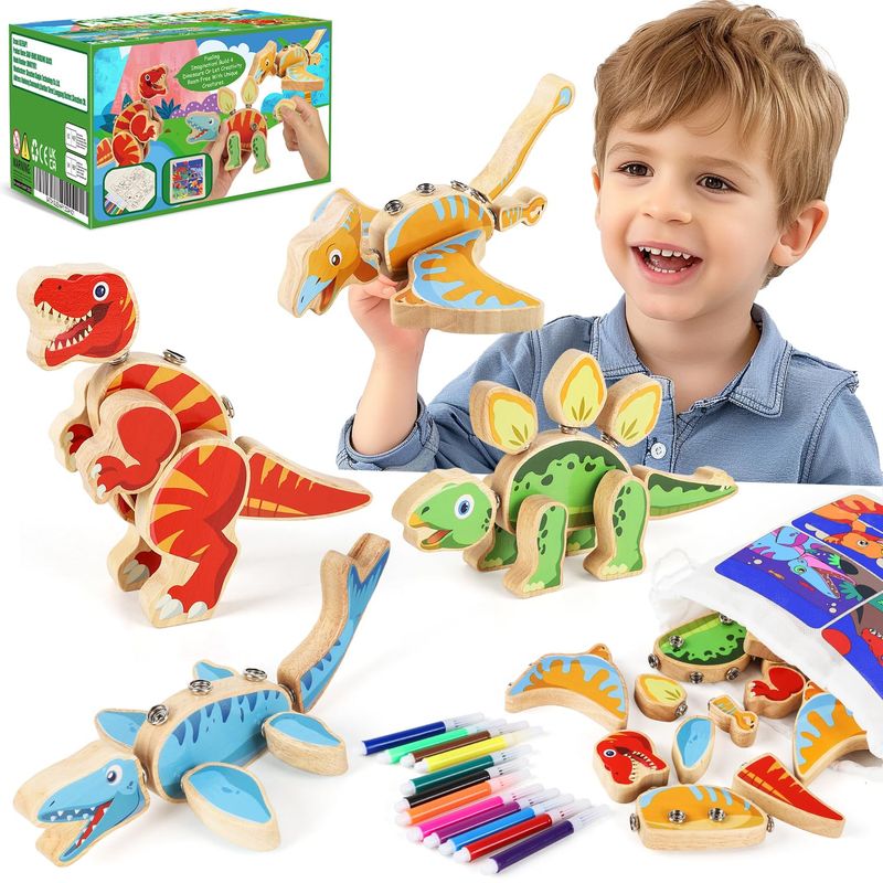 GLEEHAPY Dinosaur Wooden Toys,Snap on Dino Together Building Blocks ...