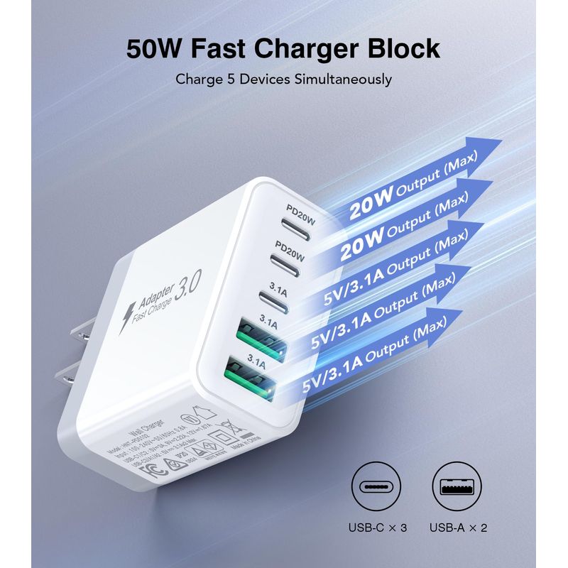 USB C Charger Block, [2-Pack] 50W 5 Port USB C Charger Fast Charging ...