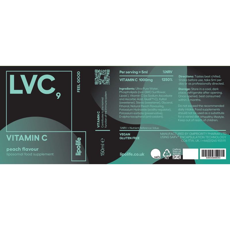 LVC9 - liposomal Vitamin C 1000mg (Peach Flavour) - lipolife 150ml = 30 ...