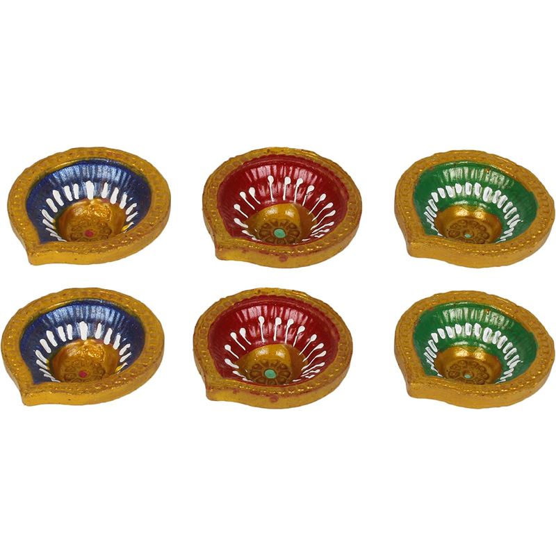 Pound Veg Set of 6 Handmade terractor Diwali Diya Multicolour Oil Lamps ...