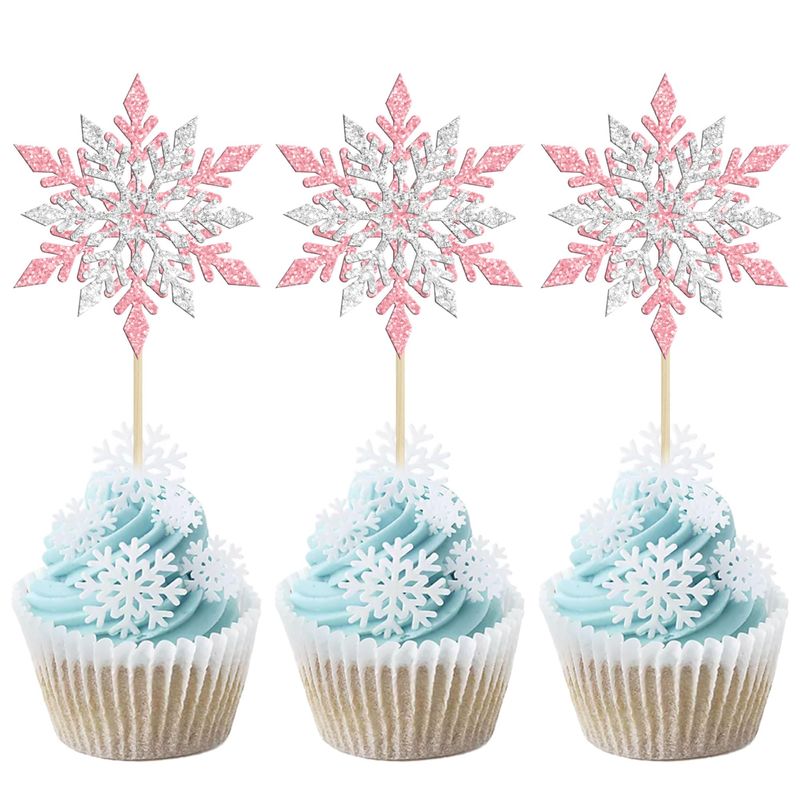 Gyufise 24 Pack Snowflake Cupcake Toppers Double Layers Pink Glitter ...