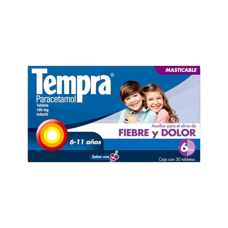 Tempra Tableta Masticable 160mg Fiebre y Dolor Sabor Uva Paracetamol ...