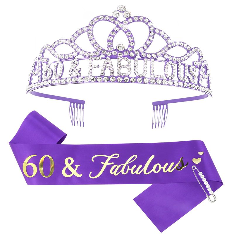 Casoty 60th Birthday Sash and Tiara for Women, Happy 60th Birthday Decorations, Purple 60th ...