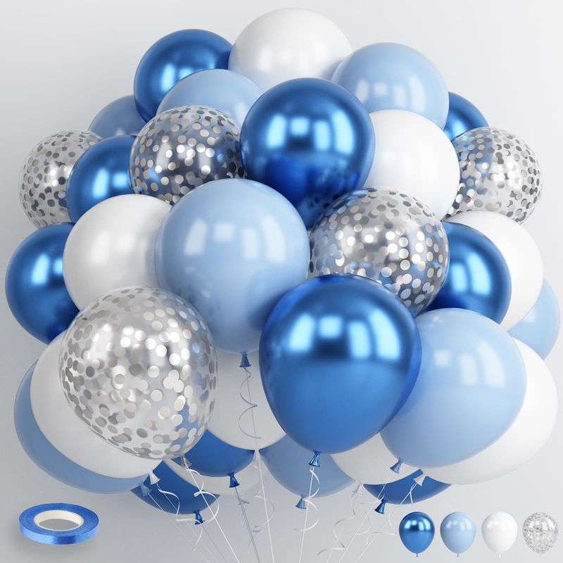 Jobkoo Blue and White Balloons, 60 PCS Baby Blue and White Balloons Set with Silver Confetti ...