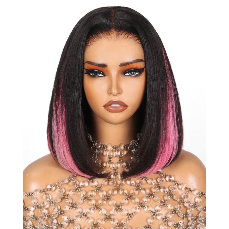 Arabella 12inch 6x6 Bob Wig Human Hair and 4 Pcs 1B/Pink Clip in Hair ...