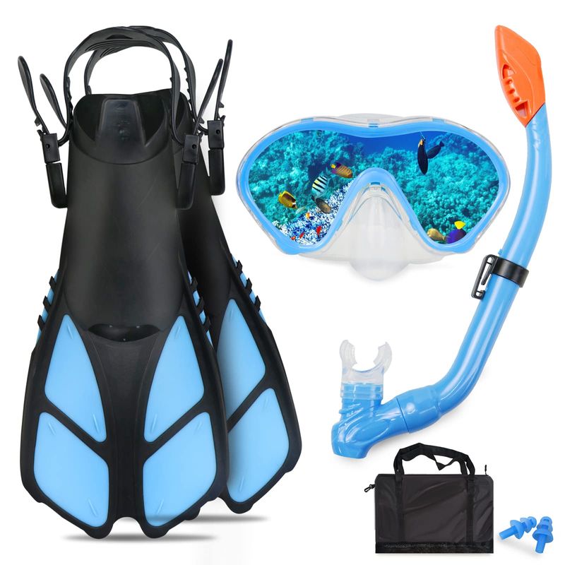 AosDero Kids Snorkeling Set with Flippers Panoramic Snorkel Mask Dry ...