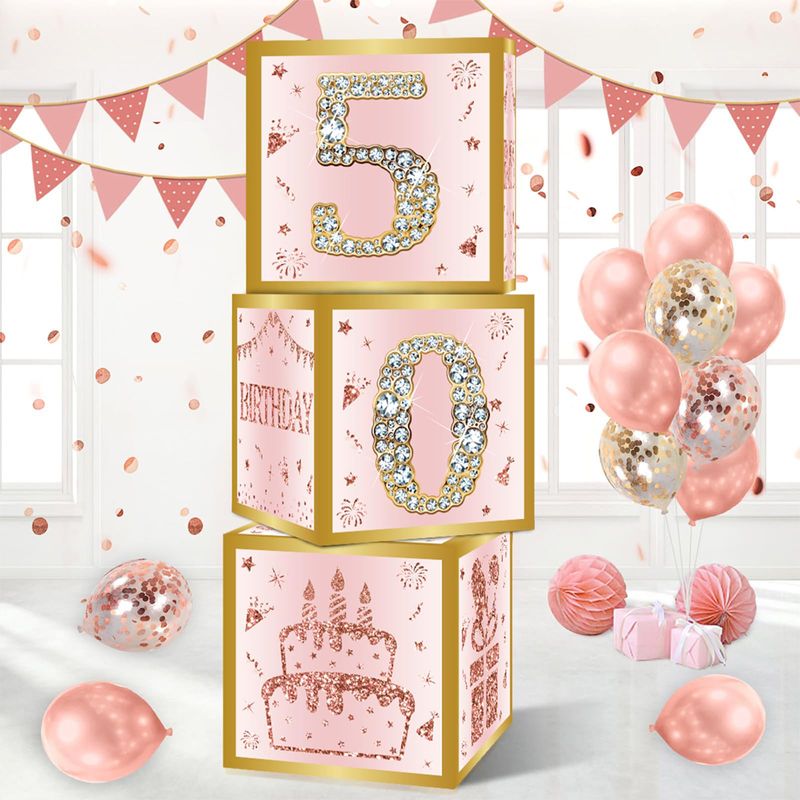 50th Birthday Decorations Boxes for Women - 3PCS Pink Rose Gold Happy ...