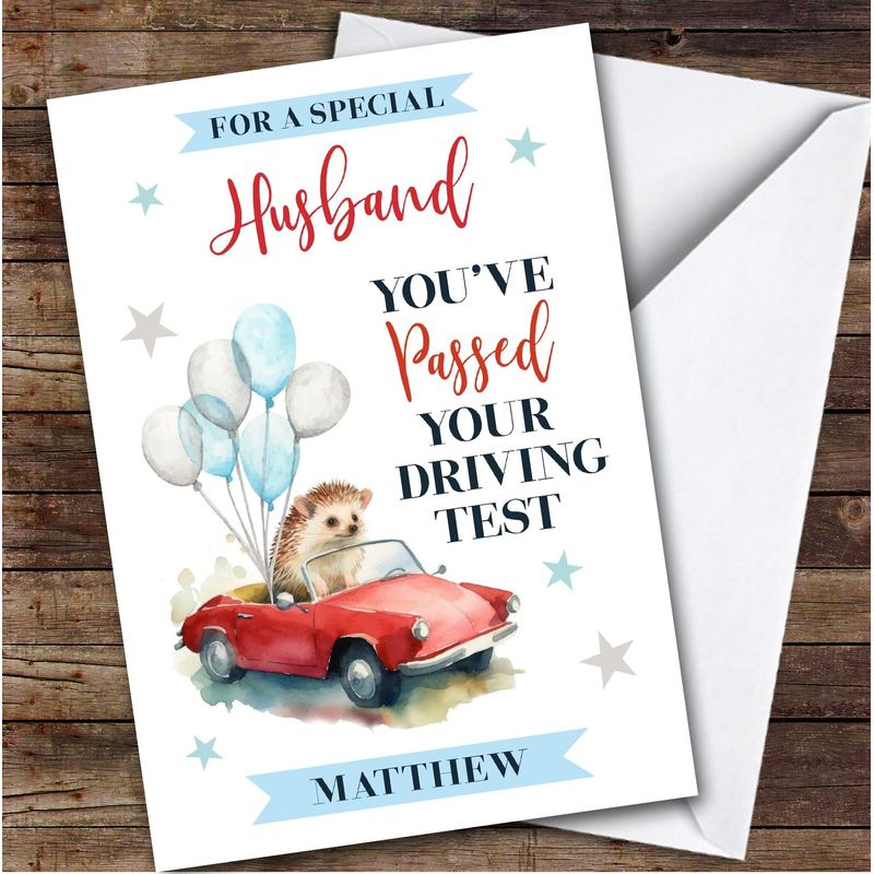 Personalised Passed Driving Test Card For Husband Hedgehog Car Balloons ...