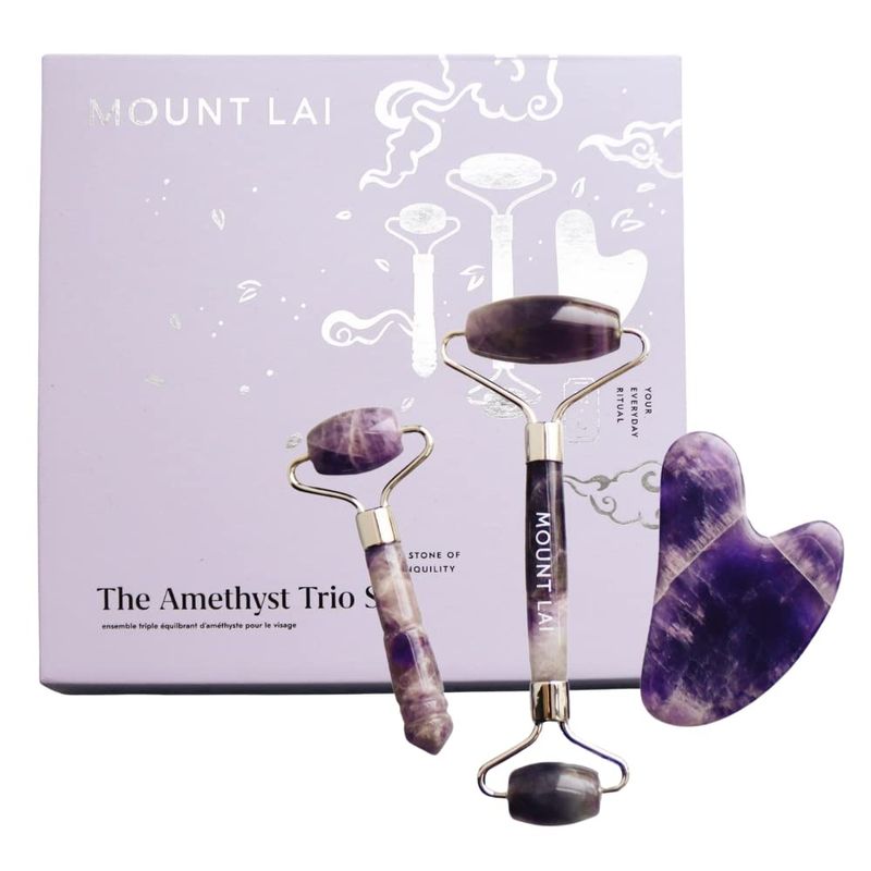 Mount Lai Amethyst Trio Calming Facial Set, Facial Roller and Amethyst Gua Sha Facial Tools Set ...
