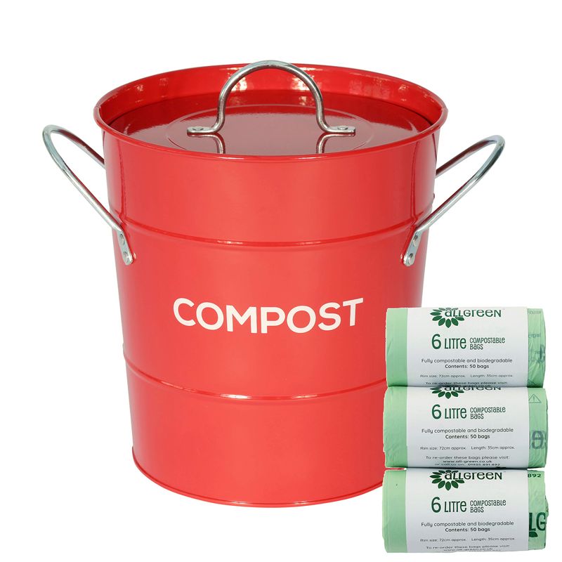 Red Metal Kitchen Compost Caddy & 150x 6L All-Green Compostable Bags ...