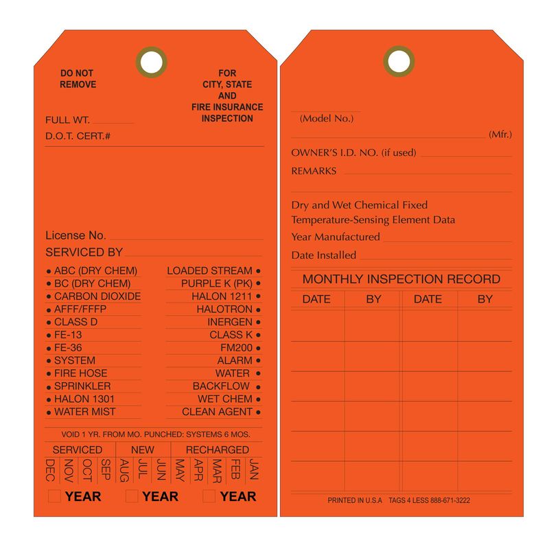 Custom Printed Fire Extinguisher Tags - Monthly Cards for Inspection ...