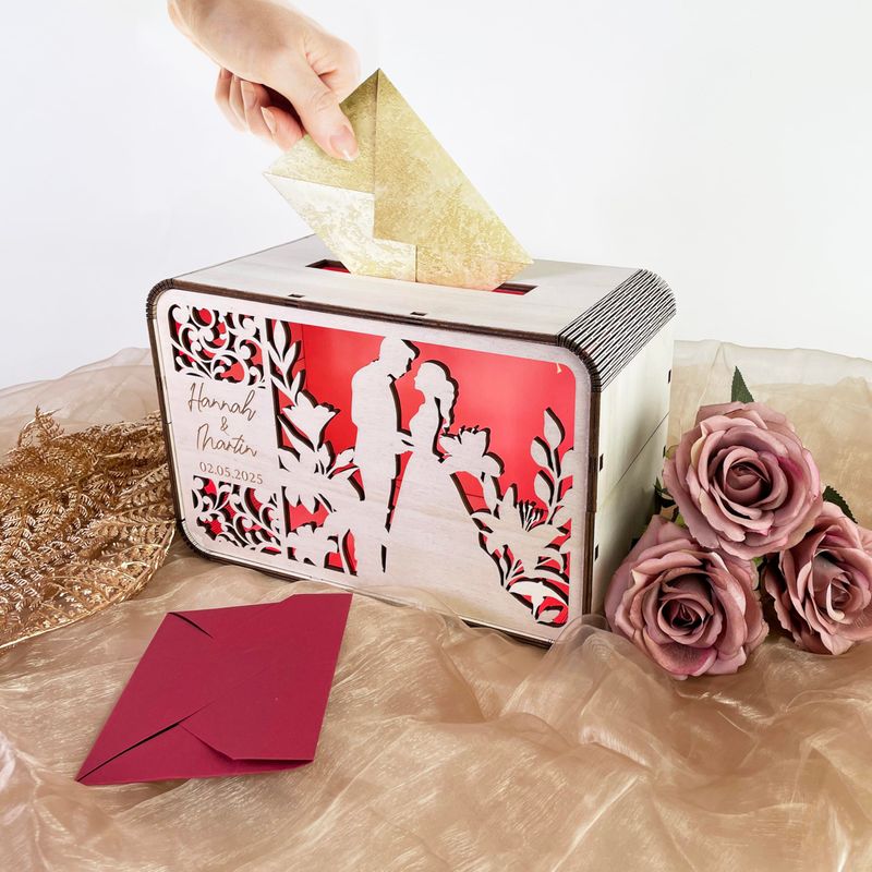 Wedding Money Gift Box with Bride and Groom Motif, Engraved Wooden Box ...