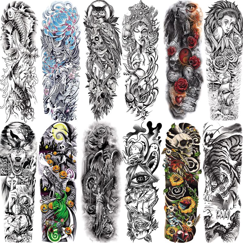 Aresvns Cool Sleeve Tattoo Temporary, 12Pcs Full Arm Fake Tattoos for ...