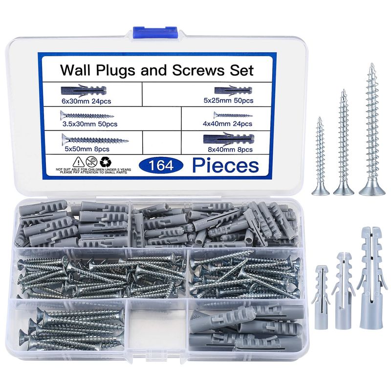 164 Pcs Screws and Wall Plugs Set(82 x Wall Raw Plugs, 82 x ...