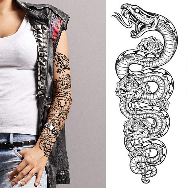 Tatodays 2 x Temporary tattoo full arm snake python roses stick on body ...