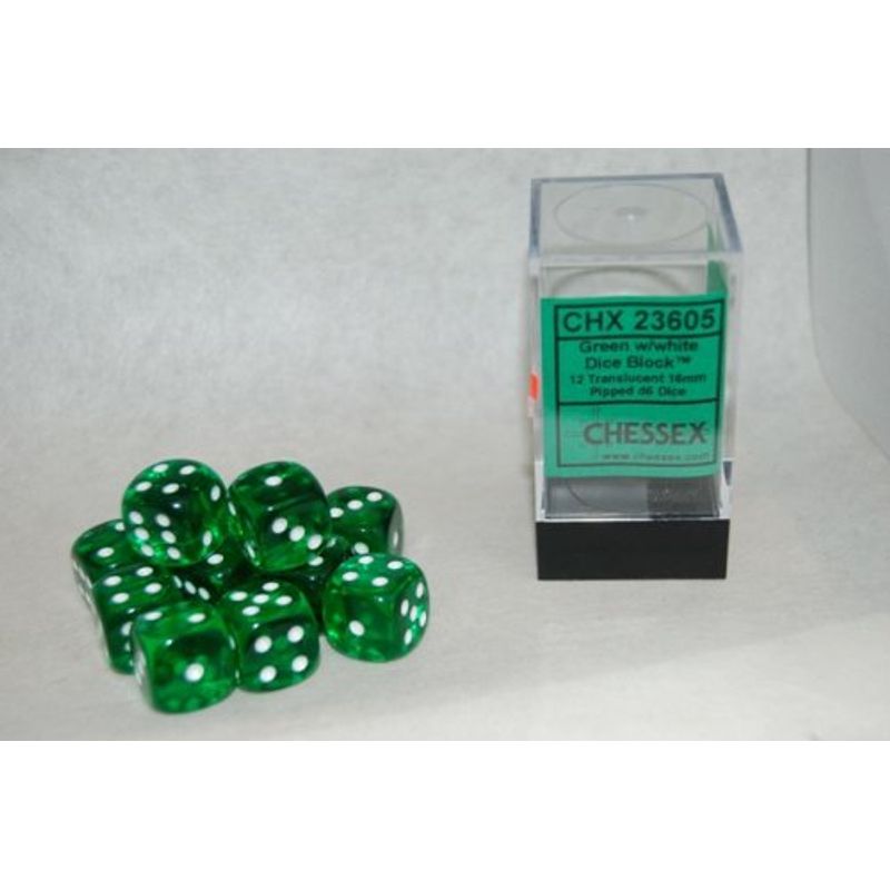 Chessex Dice D6 Sets: Green with White Translucent - 16Mm Six Sided Die (12) Block of Dice ...