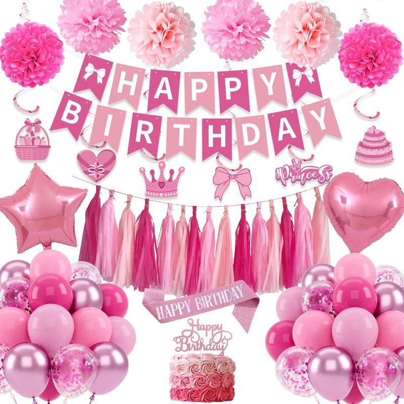 Pink Birthday Decorations for Girls Women, Hot Pink Party Decorations Set with Happy Birthday ...