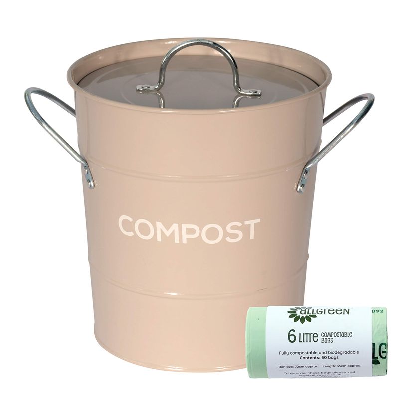 Coffee (Brown) Metal Kitchen Compost Caddy & 50x All-Green Compostable ...