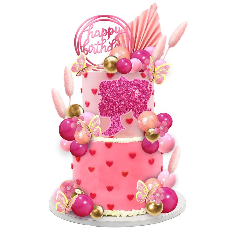 Hot Pink Girl Cake Toppers with Pink and Gold Butterfly Balls Cake ...