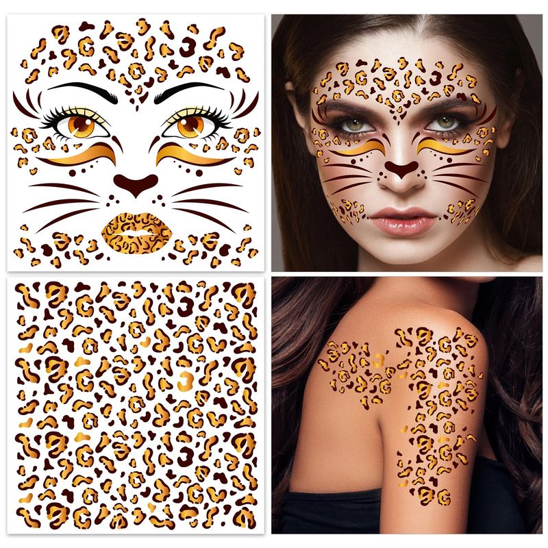 HOWAF 4 Sheets Leopard Face Tattoos, Cheetah Full Face Tattoos Stickers ...