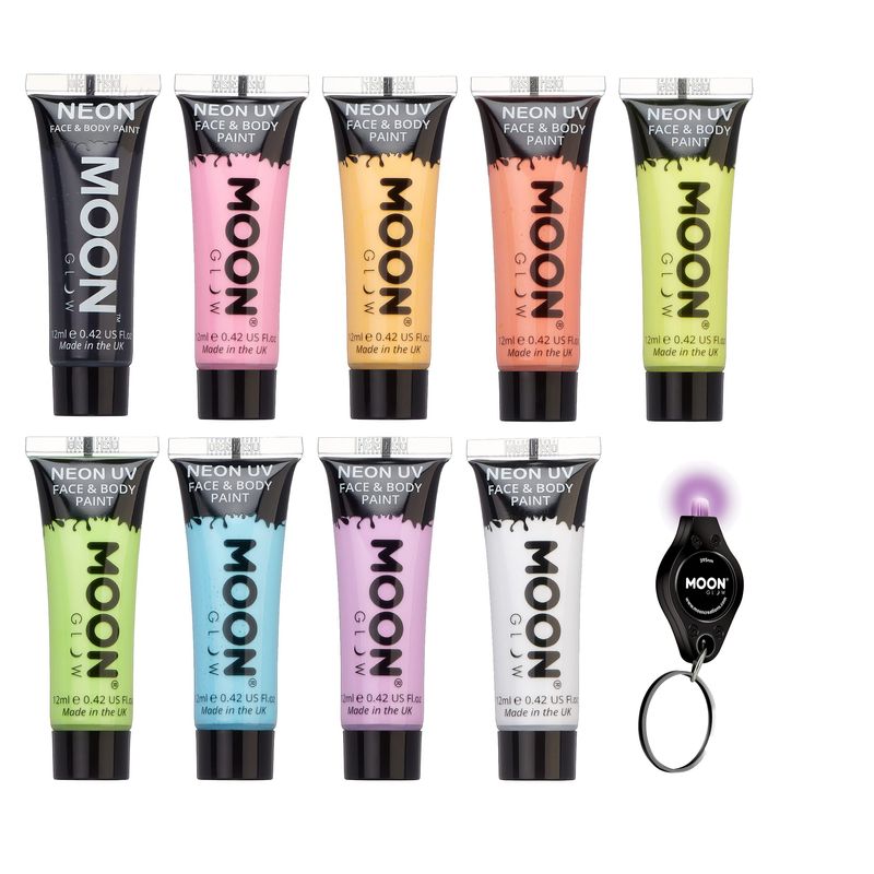 Moon Glow - Pastel Neon UV Face & Body Paint - 12ml Set of 9 - includes UV Keyring - EveryMarket