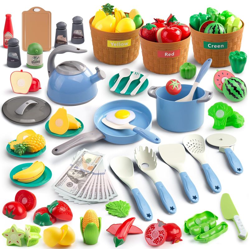 JokerKing 90Pcs Kitchen Playset Accessories, Pretend Cooking with Pots ...