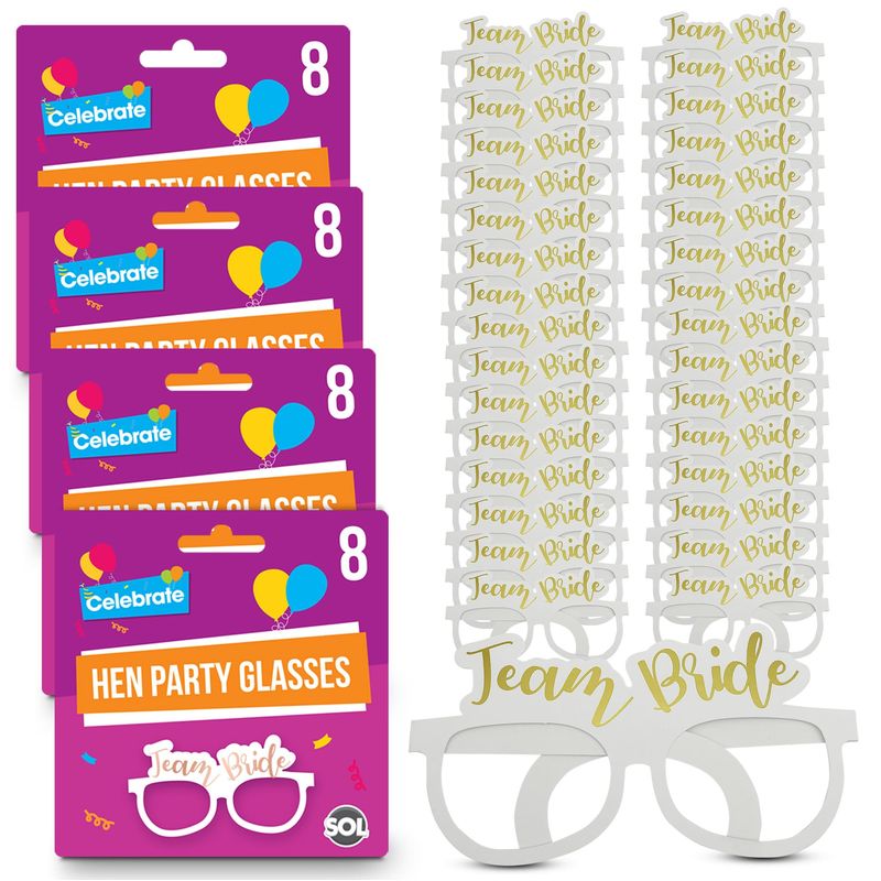 SOL 32pk Hen Party Glasses, White Card with Gold Foil Team Bride Print ...