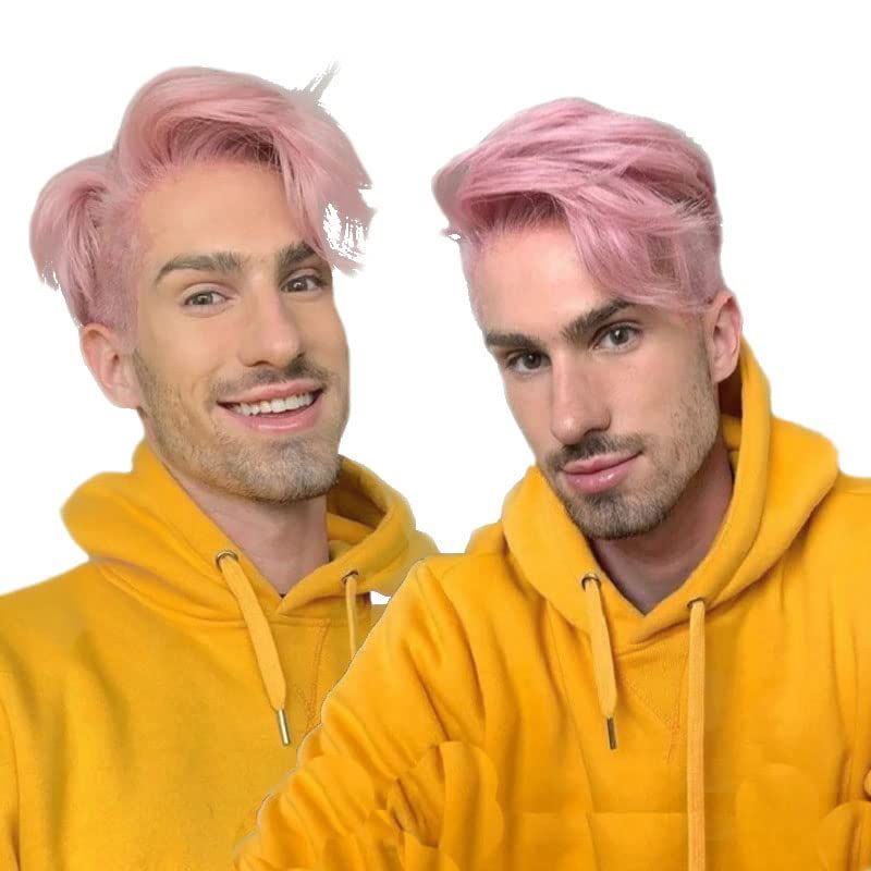 Pink Wigs for Men, Fluffy Realistic Short Curly Men's Wigs Side Parted ...