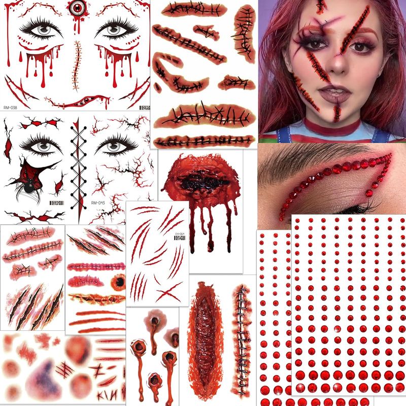 NOOEPC Scars Tattoo Temporary And Red Face Gems Halloween Makeup Kit ...
