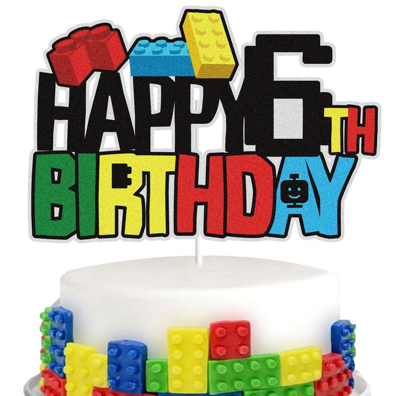Building Blocks Happy 6th Birthday Cake Topper Colorful Glitter 6 Six ...