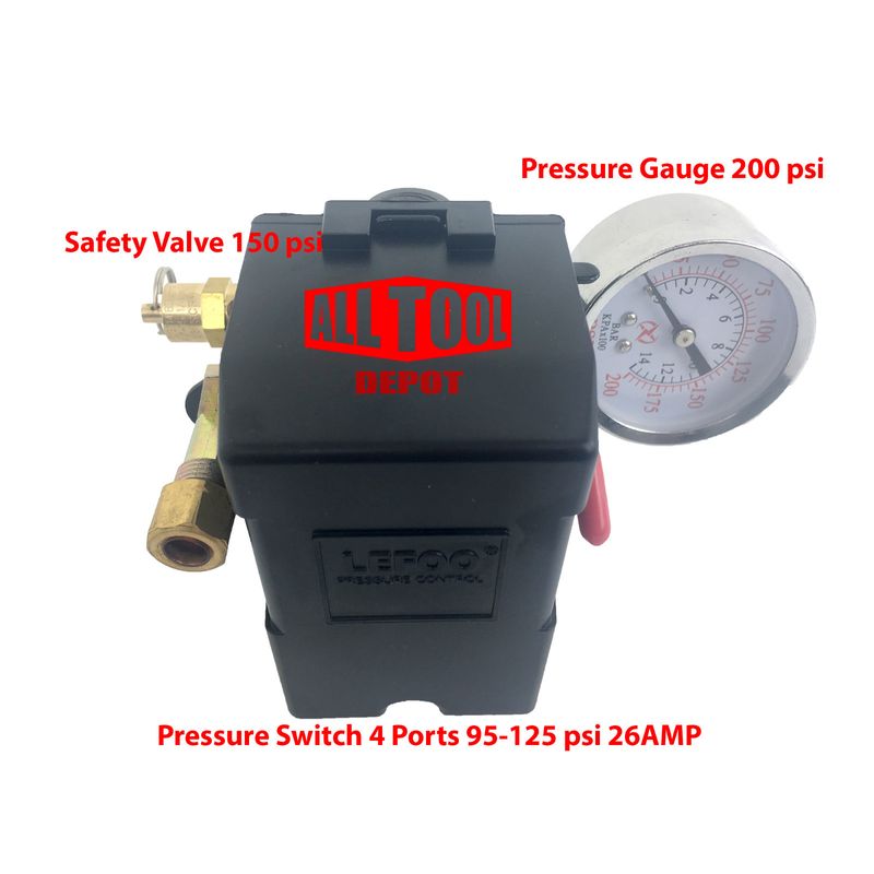 26 Amp Pressure Switch set 4 Port 95-125 PSI w/ S Gauge w/ Safety valve ...