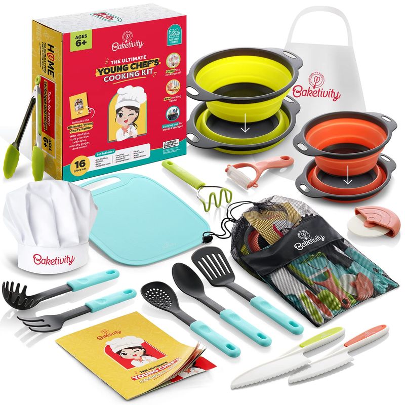 Baketivity Kids Cooking Set Real Utensils With Kitchen Tool Guide ...
