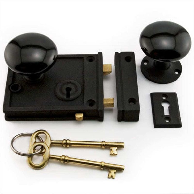 Signature Hardware Horizontal Iron Rim Lock Set w Knobs & Backset Black ...
