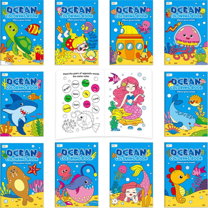 10 Pack Coloring Books for Kids, Ocean Theme Coloring Page with Games ...