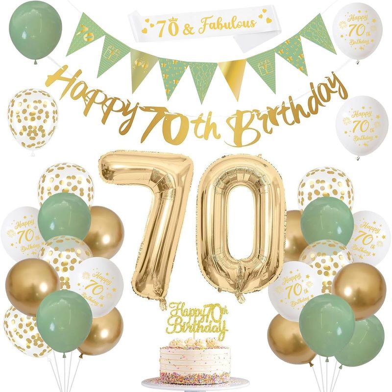 70th Birthday Decorations,Sage Green Gold White 70th Birthday Banners ...