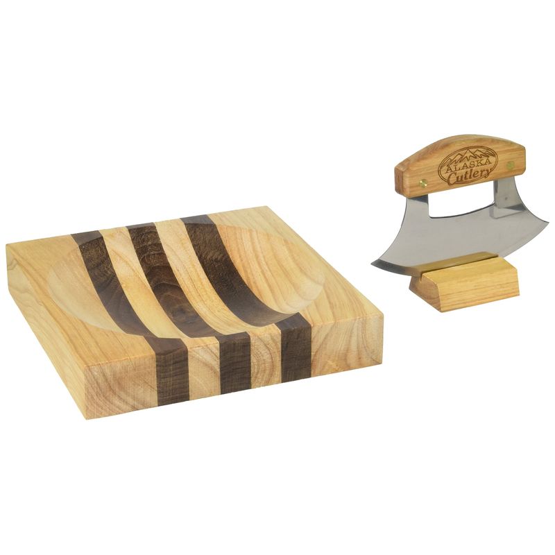 Alaska Ulu Knife Set Curved Knife with Wood Handle plus Chopping Board Mezzaluna Made in Alaska ...