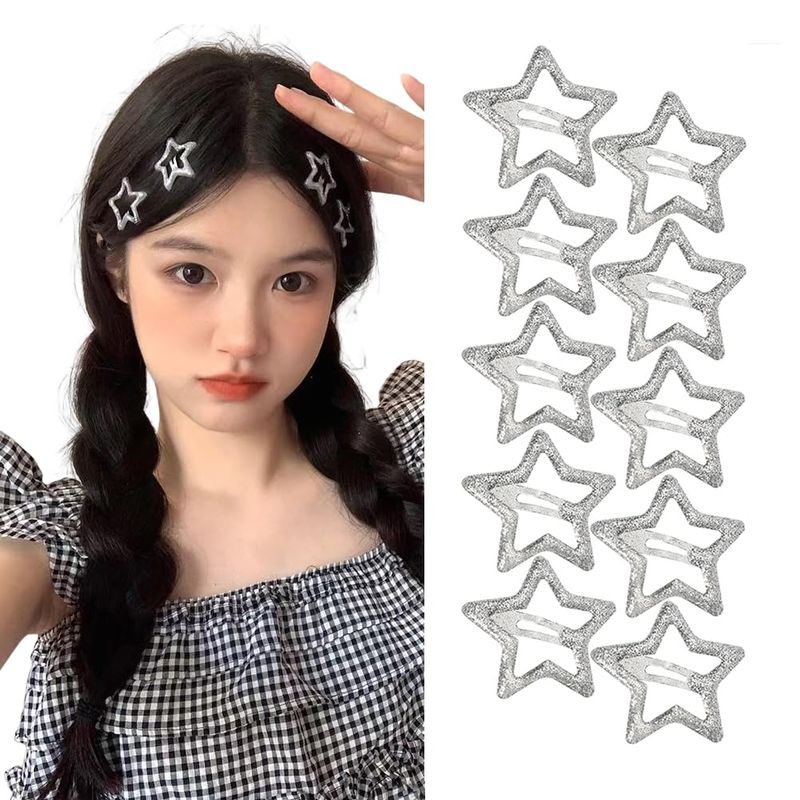 Silver Star Hair Clips Y2K Glitter Star Snap Clip Barrettes Hairpins 10 ...