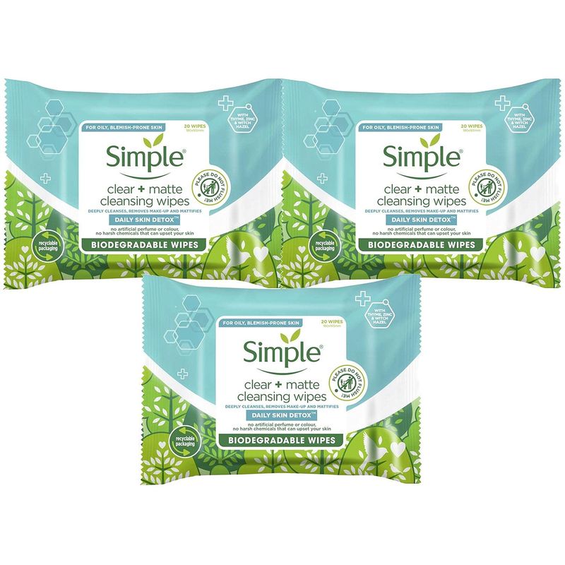 3 Pack of Simple Daily Skin Detox Clear + Matte Cleansing 20 Wipes For ...