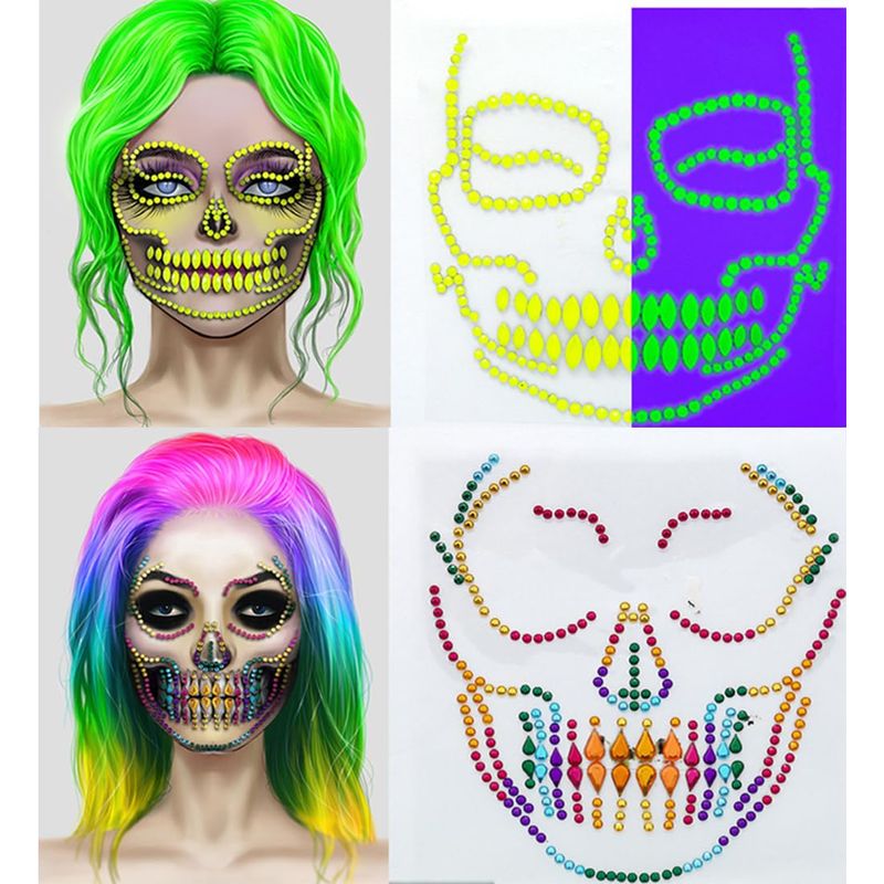 Day Of the Dead Skeleton Face Gems Halloween Sugar Skull Rhinestone ...
