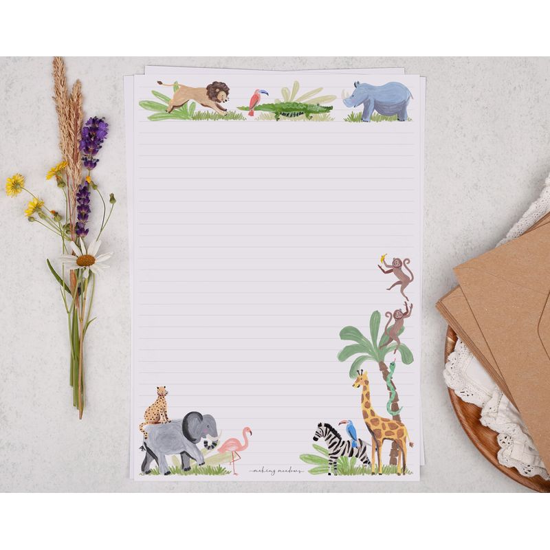 Making Meadows A4 Childrens Writing Paper Set Safari Animal Design (20 ...