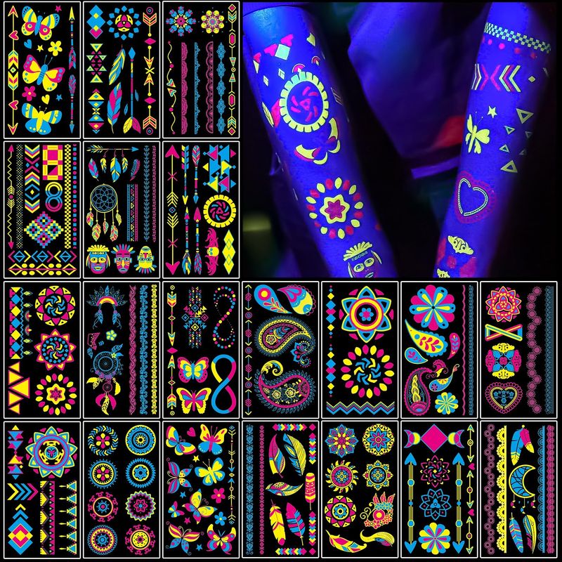 Temporary Tattoos 20 Sheet Neon UV Blacklight Tattoos for Glow Party ...