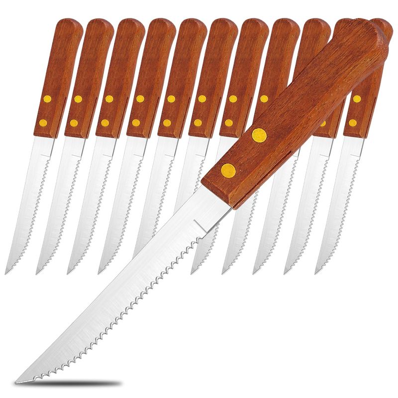 Kyraton Steak Knives Set of 12, Wood Handle Stainless Serrated Steel ...