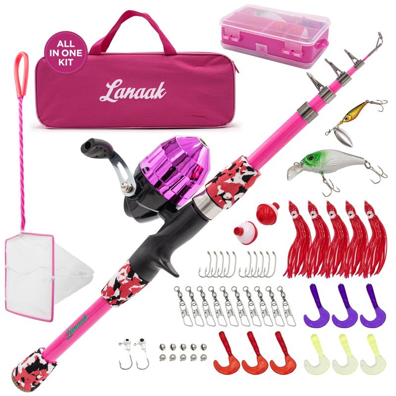Lanaak Kids Fishing Pole and Tackle Box - with Net, Travel Bag, Reel ...