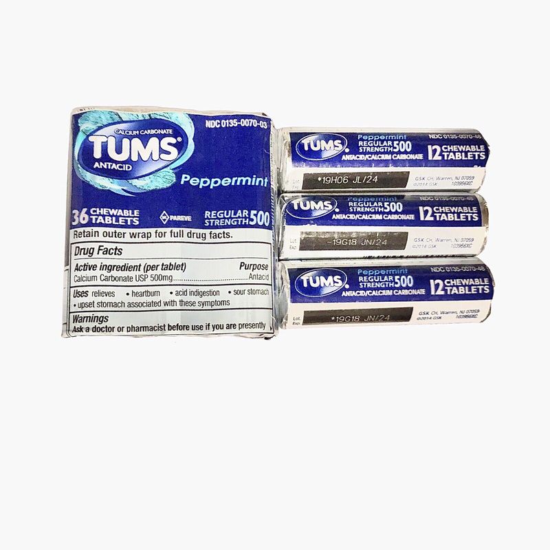Tums Antacid Regular Strength 500mg Peppermint 6 Rolls 72 Tablets Total ...