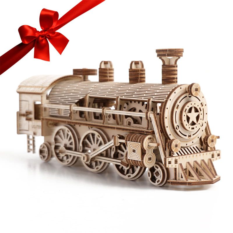 Uguter 3D Wooden Puzzles Train Locomotive DIY Gear Drive Mechanical Model Brain Teaser Games ...
