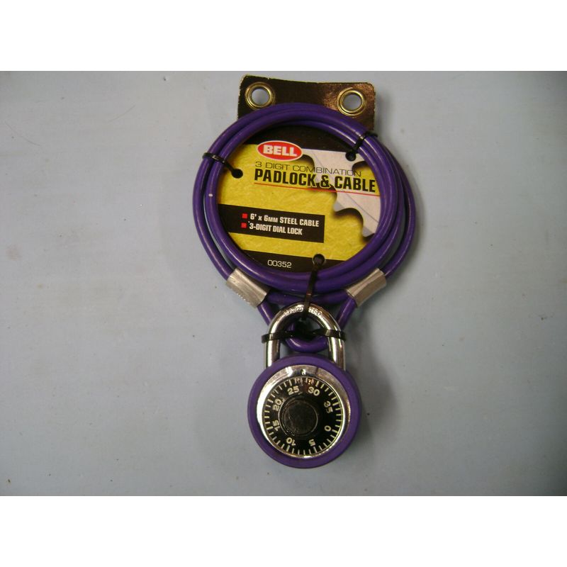 BELL PURPLE BIKE BICYCLE 3 DIGIT COMBINATION LOCK PADLOCK & 6' X 6MM ...
