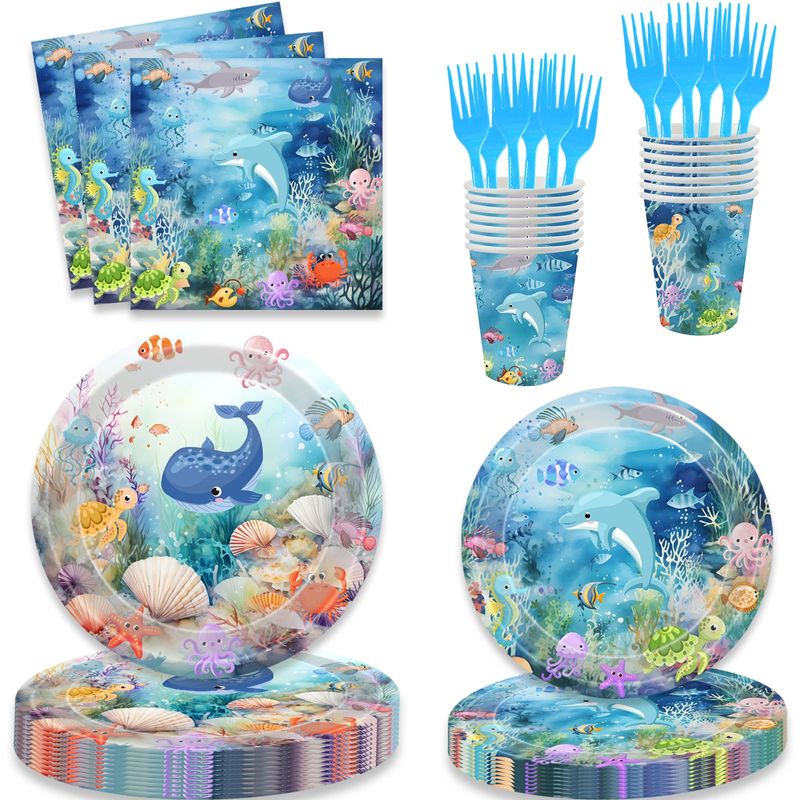 100 Pcs Ocean Under The Sea Party Dinnerware Ocean Paper Plates Napkins ...