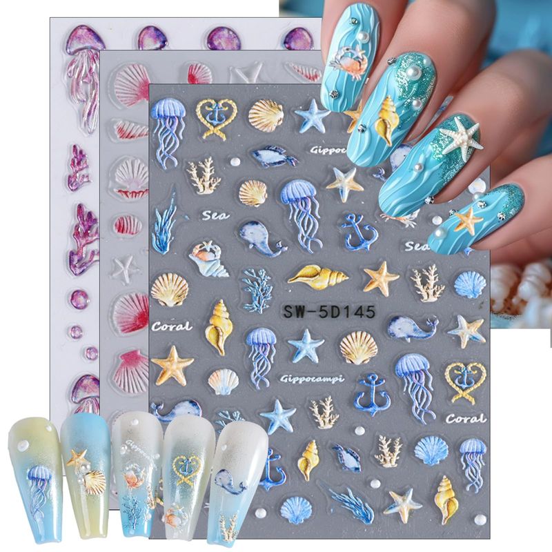 3Sheets Starfish Seashell Nail Art Stickers 5D Embossed Self-Adhesive ...