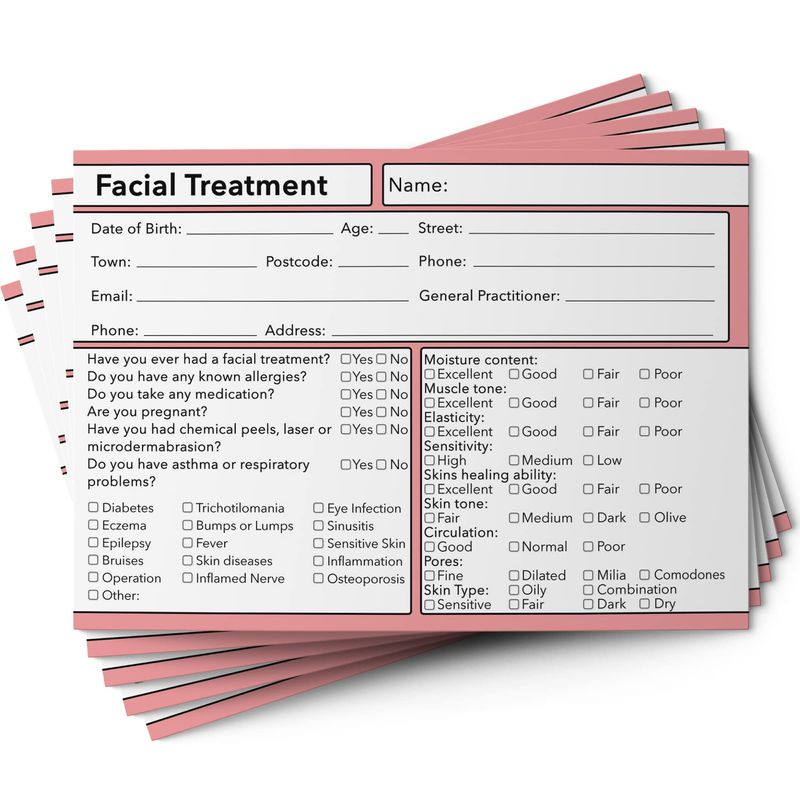 Facial Treatment Client Cards GDPR A6 Size - Salon and Therapist ...