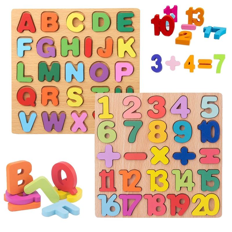 2Pcs Uppercase Alphabet Puzzle Wooden and Number Puzzle Shape Alphabet ...